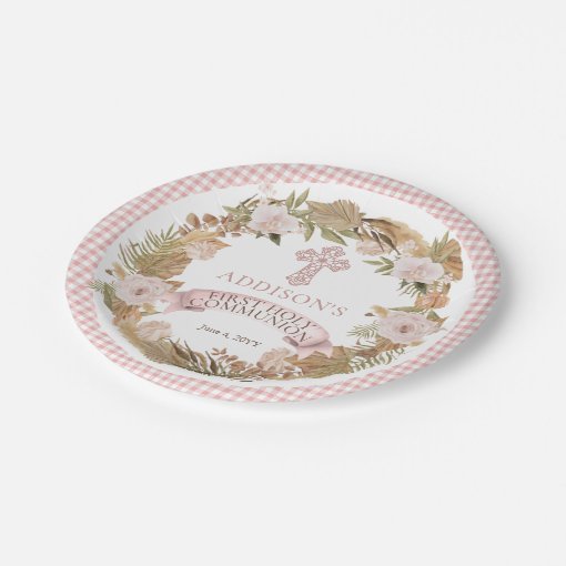 Pink Dried Floral Girl First Holy Communion Paper Plates | Zazzle