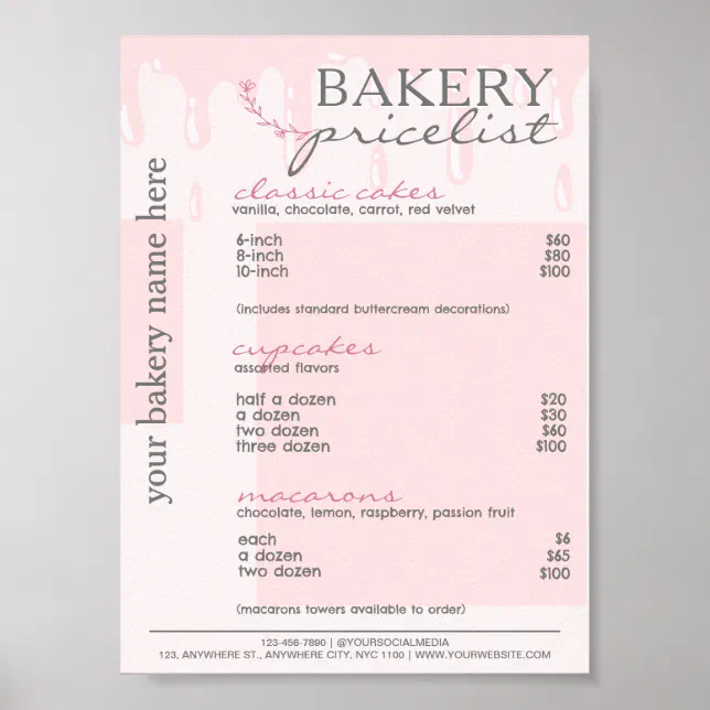 Pink Drip Menu Bakery Price List Poster | Zazzle
