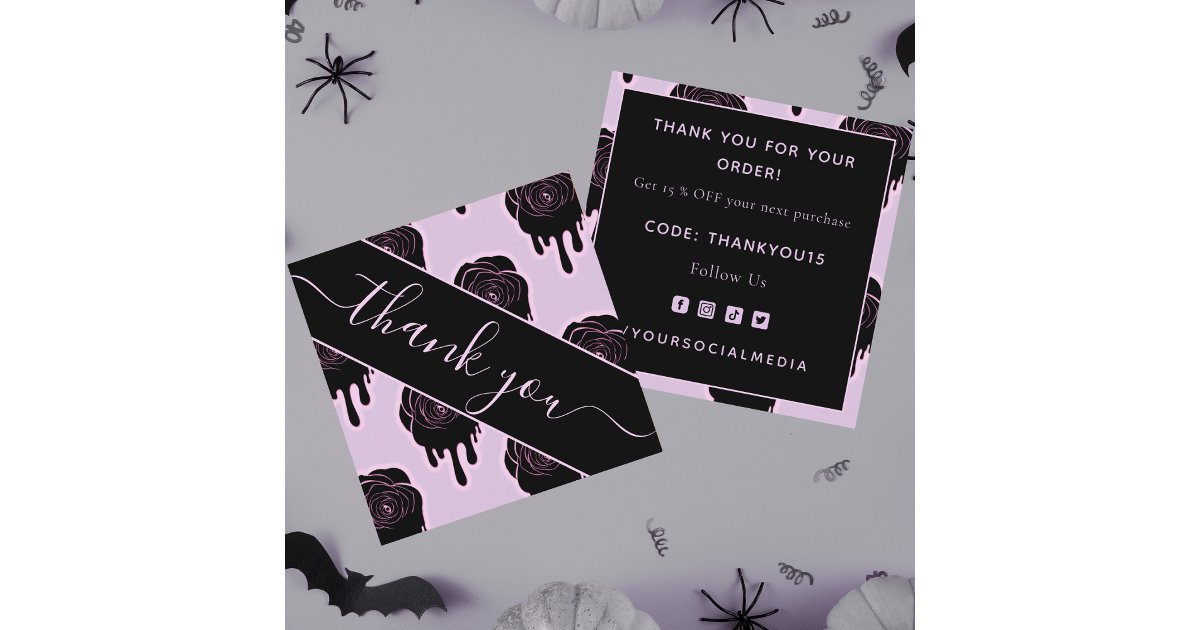 Pink Drip Rose Halloween Thank You Square Card | Zazzle