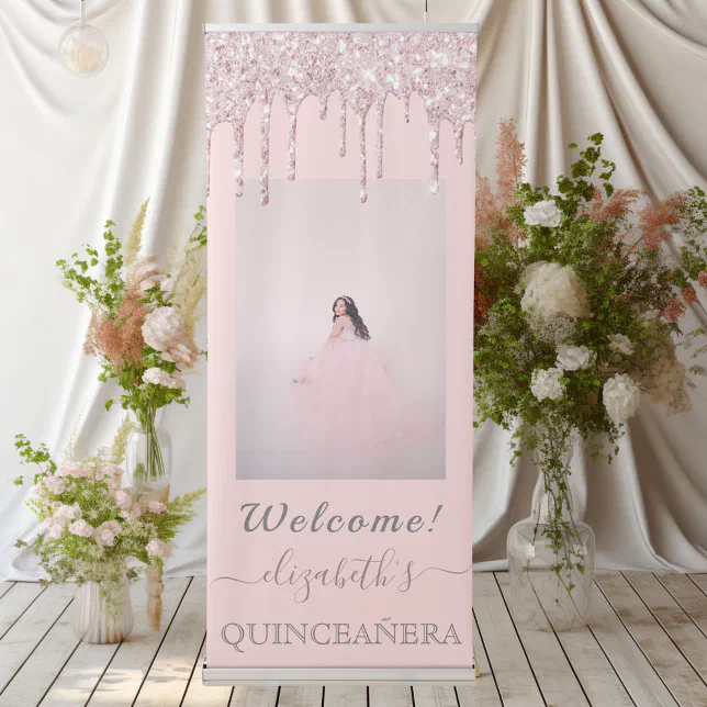 Pink drips photo Quinceanera party welcome Retractable Banner | Zazzle
