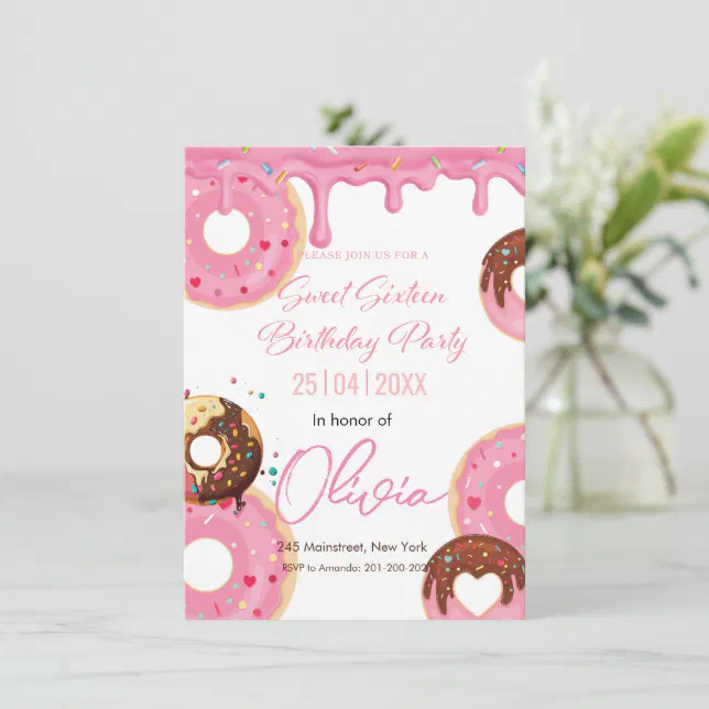 Pink drizzle donuts sweet sixteen birthday invitation | Zazzle
