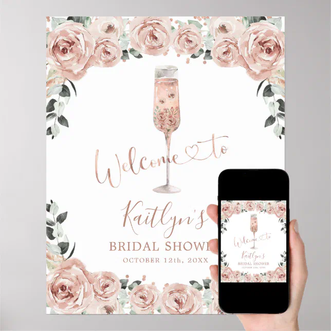 Pink Dusty Rose Petals and Prosecco Welcome Sign | Zazzle