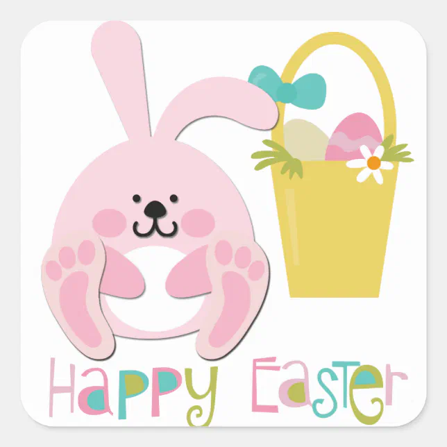 Pink Easter Bunny Basket Square Sticker | Zazzle