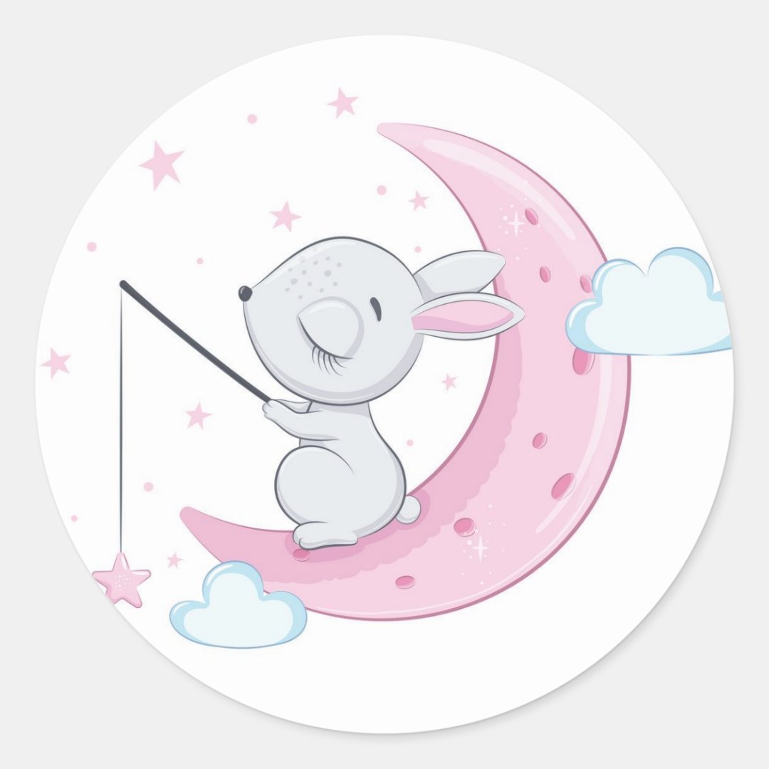 Pink Easter Bunny Over the Moon Classic Round Sticker | Zazzle