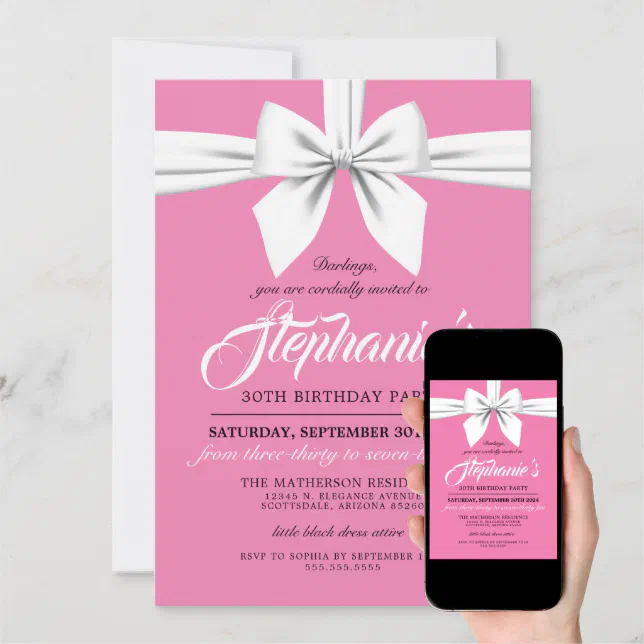 Pink Elegant Bow White Tiffany Birthday Invitation | Zazzle
