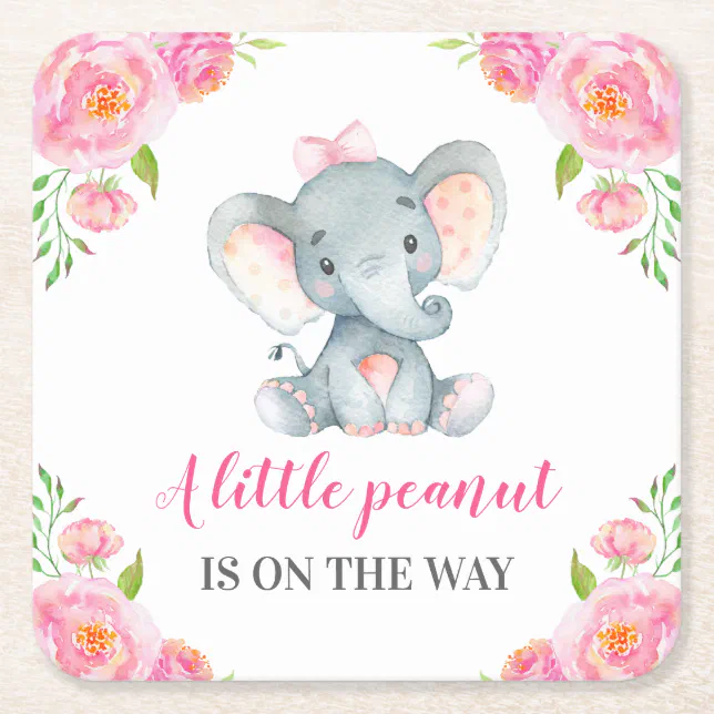 Pink Elephant Baby Girl Shower Sprinkle Birthday Square Paper Coaster ...