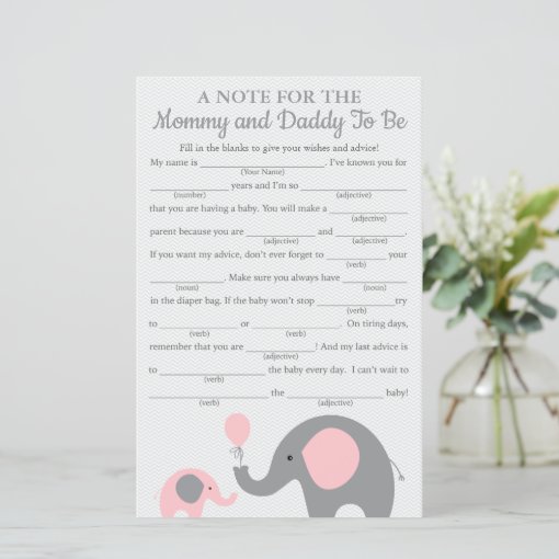 Pink Elephant Baby Shower Advice Game Cards | Zazzle