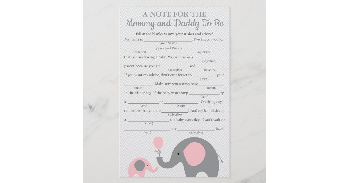 Pink Elephant Baby Shower Advice Game Cards | Zazzle
