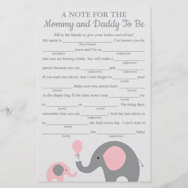 Pink Elephant Baby Shower Advice Game Cards | Zazzle