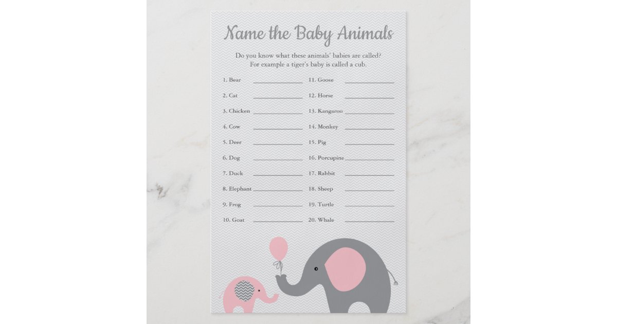Pink Elephant Baby Shower Baby Animal Name Game Flyer | Zazzle