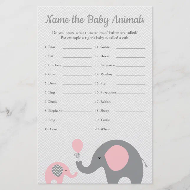 Pink Elephant Baby Shower Baby Animal Name Game Flyer | Zazzle