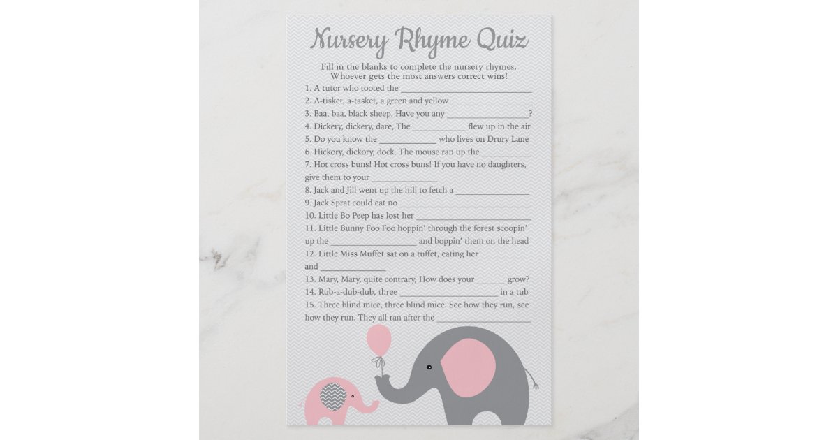 Pink Elephant Baby Shower Nursery Rhyme Quiz Game Flyer | Zazzle