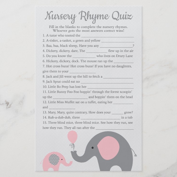 Pink Elephant Baby Shower Nursery Rhyme Quiz Game Flyer | Zazzle