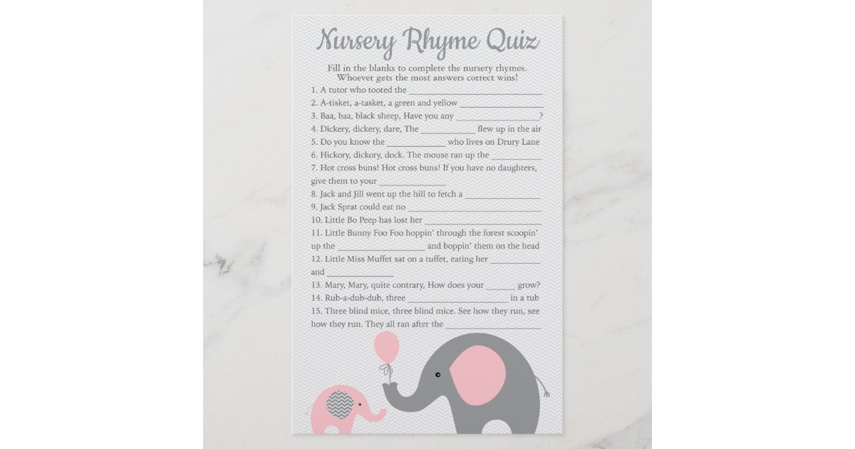 Pink Elephant Baby Shower Nursery Rhyme Quiz Game Flyer | Zazzle