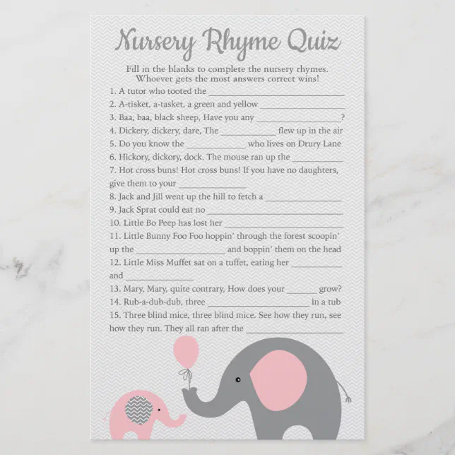 Pink Elephant Baby Shower Nursery Rhyme Quiz Game Flyer | Zazzle