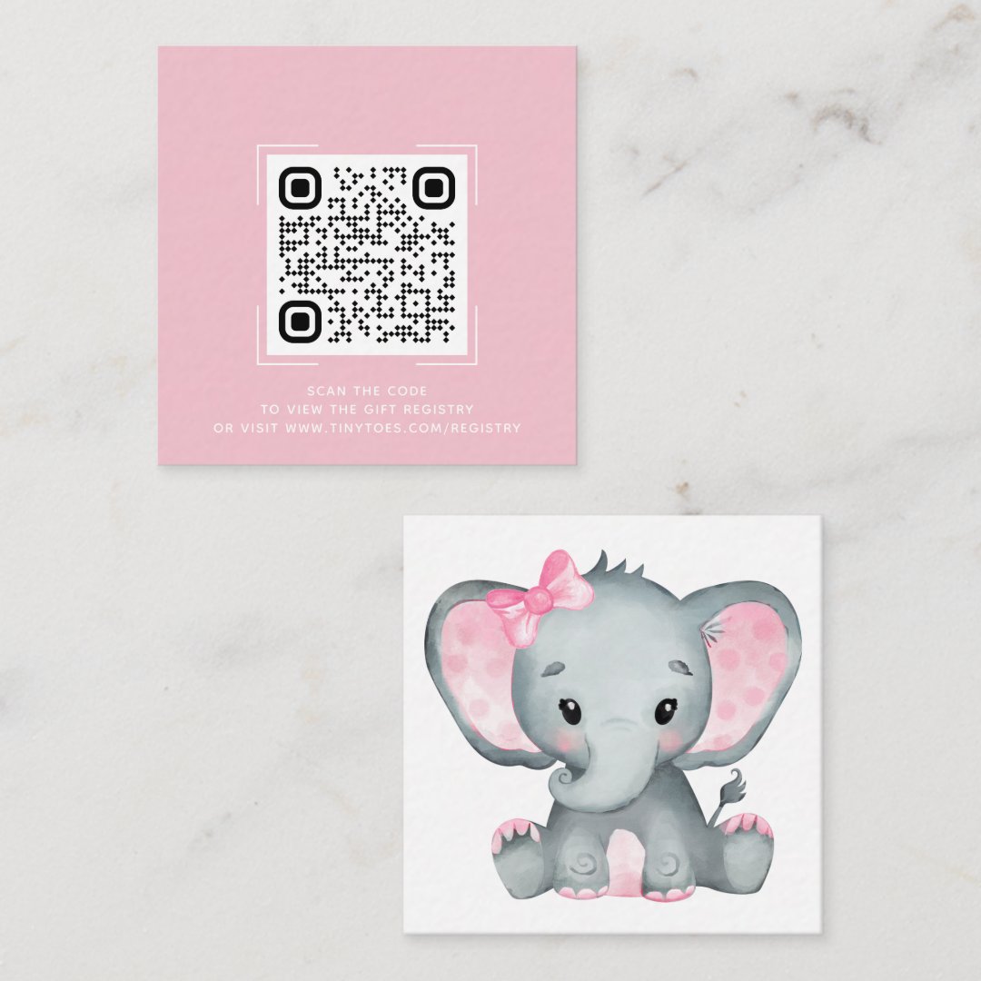 Pink Elephant Baby Shower Registry QR Code Card | Zazzle