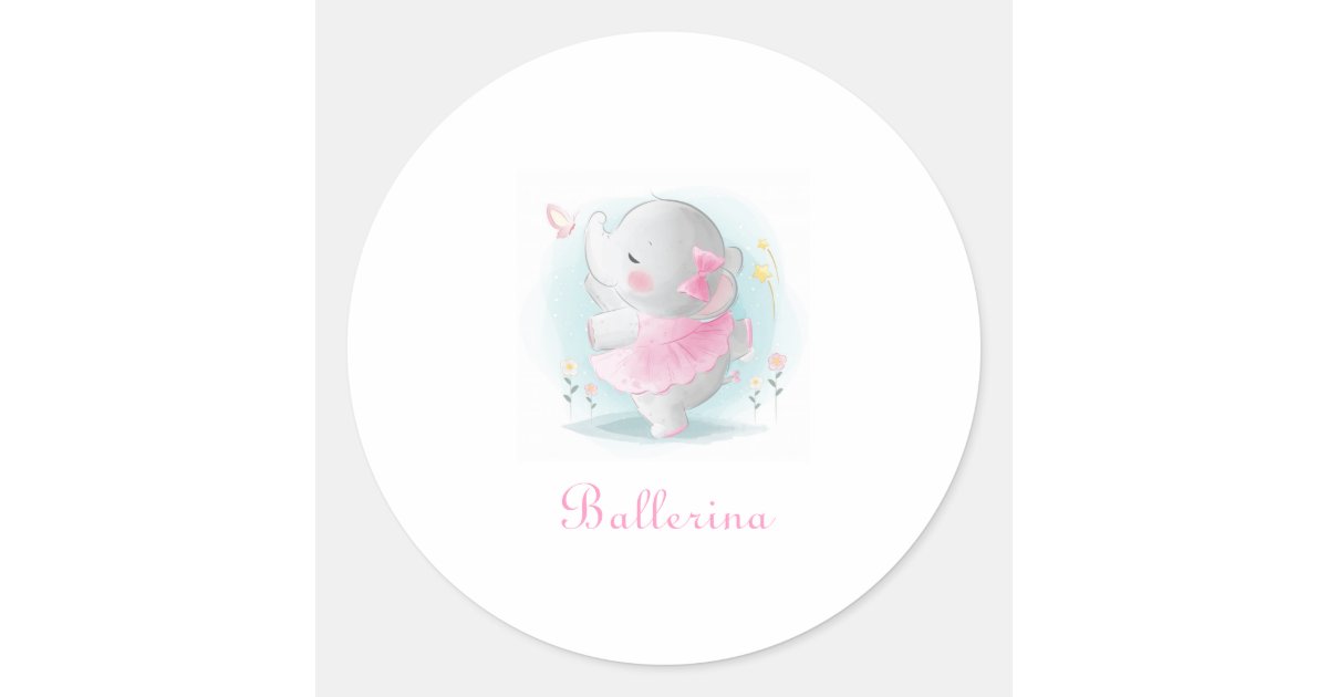 Pink Elephant Ballerina in Pink Tutu Script Baby Classic Round Sticker ...