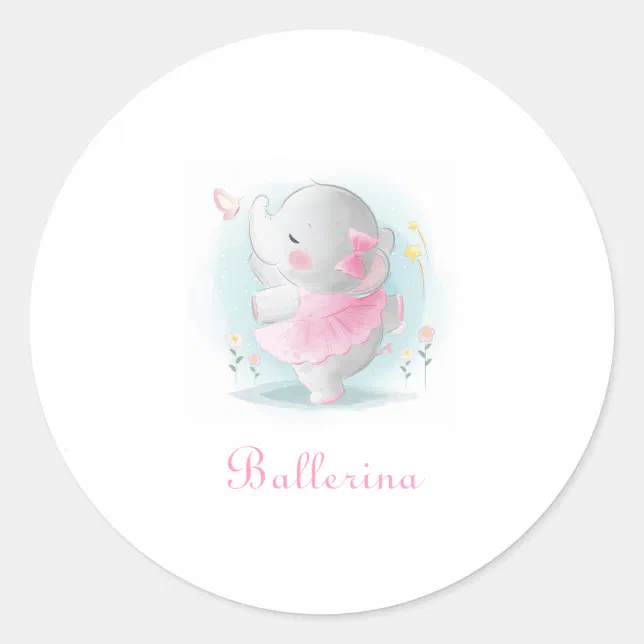 Pink Elephant Ballerina in Pink Tutu Script Baby Classic Round Sticker ...