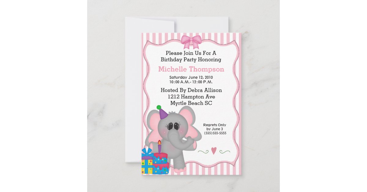 Pink Elephant Birthday Party Invitations | Zazzle