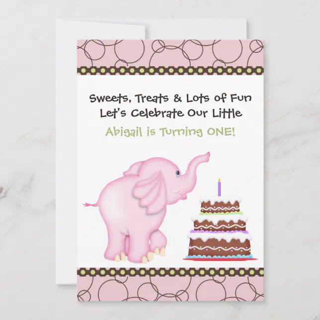 Pink Elephant First Birthday Invitation for Girls | Zazzle