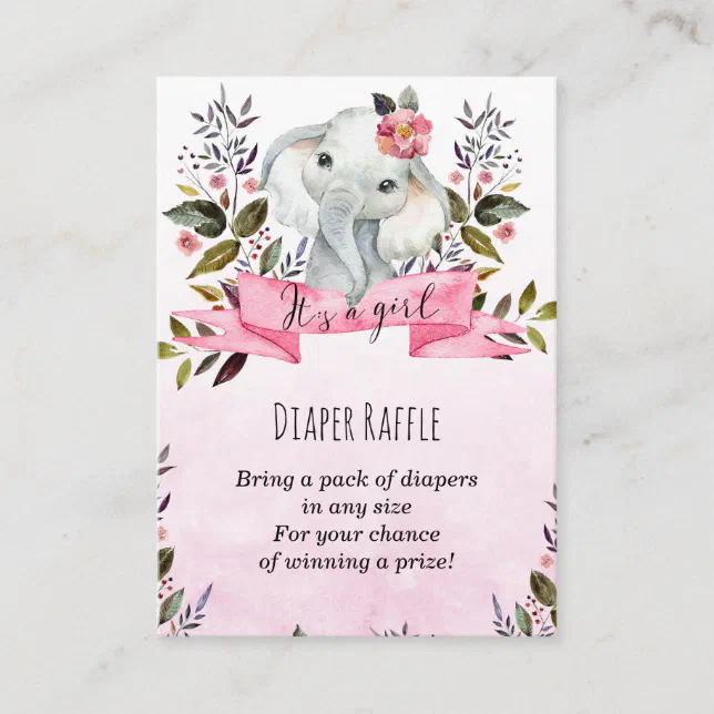pink elephant girl Diaper Raffle enclosure card | Zazzle