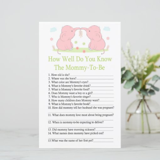 Pink Elephant How well do you know baby showergame | Zazzle