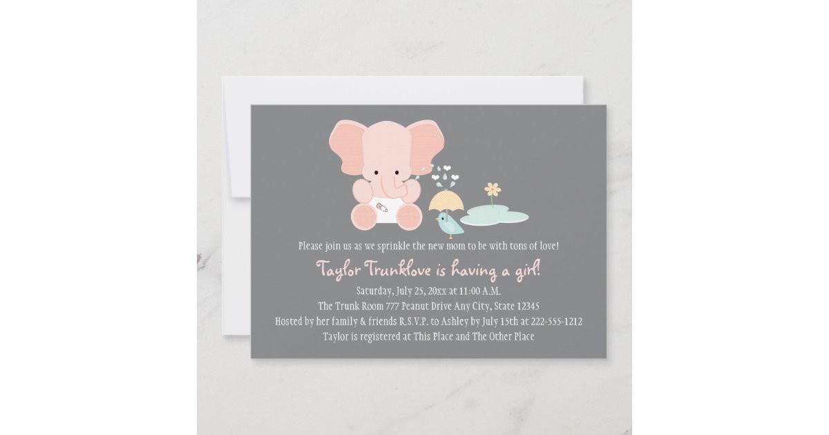 Pink Elephant Little Bird Baby Sprinkle Invitation | Zazzle