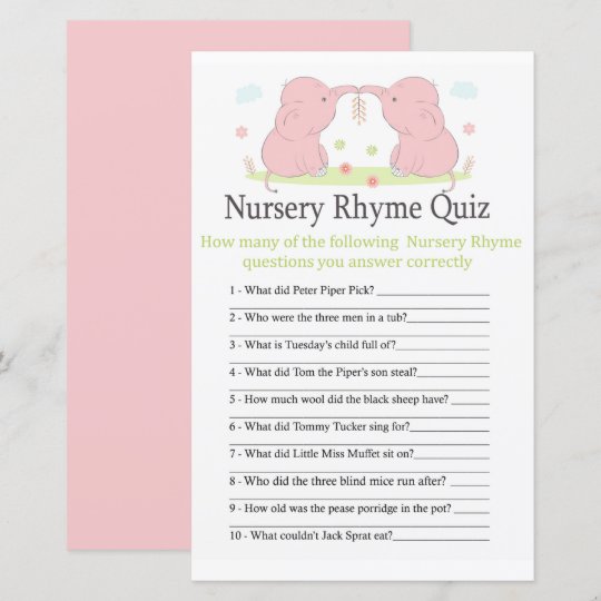 Pink Elephant Nursery Rhyme Quiz baby shower game | Zazzle.com