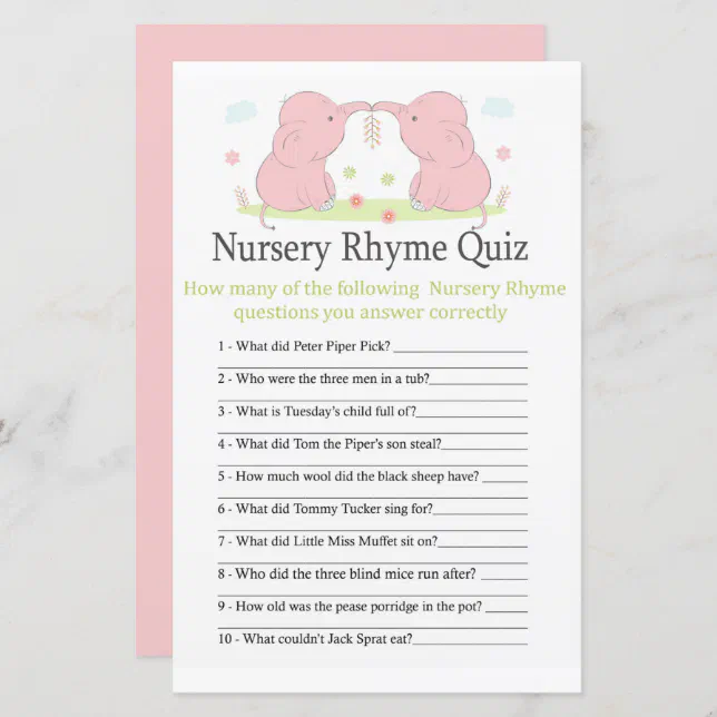 Pink Elephant Nursery Rhyme Quiz baby shower game | Zazzle