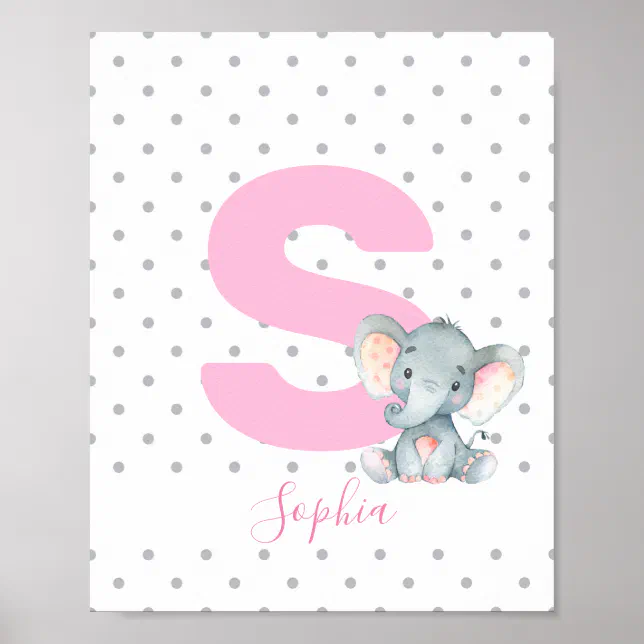 Pink Elephant Personalized Girl Baby Name Nursery Poster | Zazzle