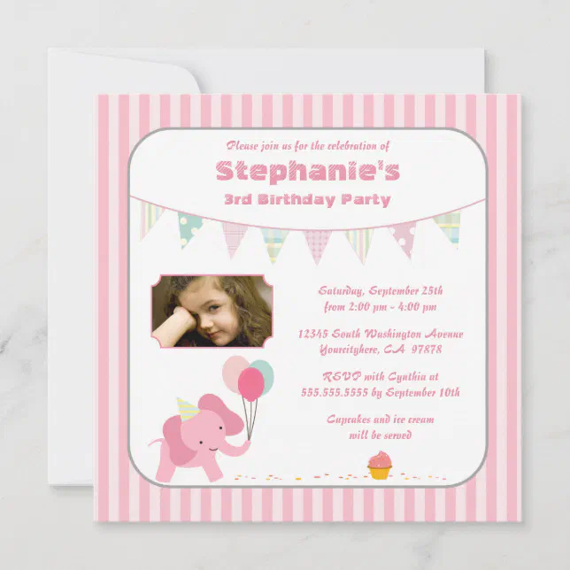 Pink elephant stripes birthday party invitation | Zazzle