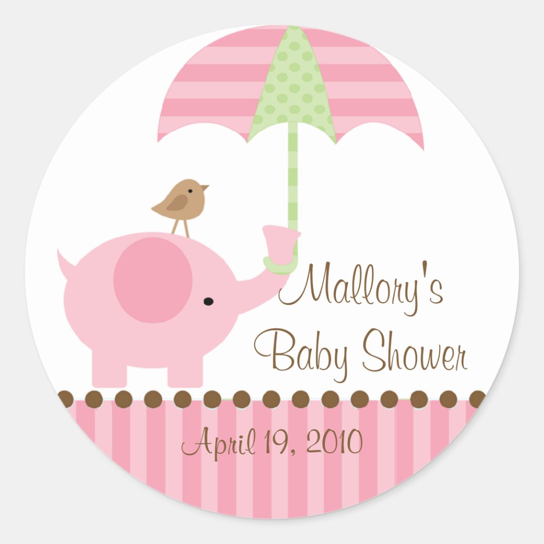 Pink Elephant Umbrella Baby Shower Sticker | Zazzle