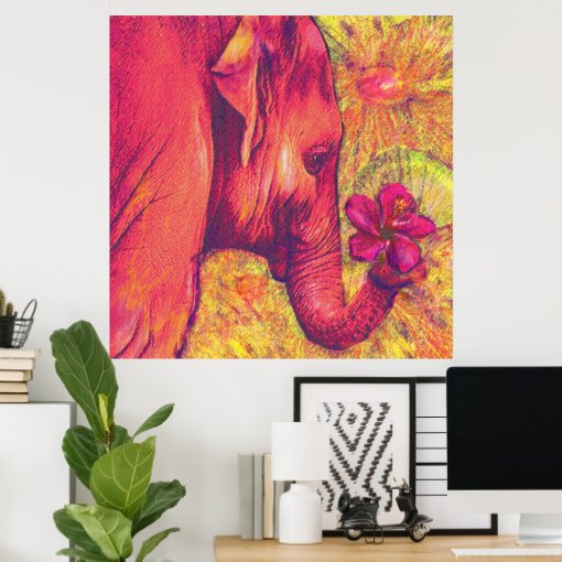 pink elephant with hibiscus poster | Zazzle