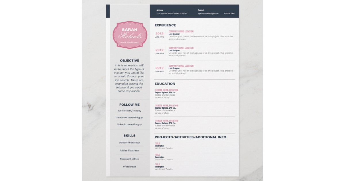 Pink Emblem Resume Letterhead | Zazzle