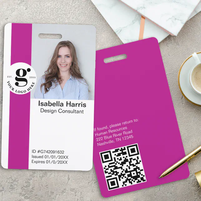 Pink Employee ID Badge with Photo & QR Code | Zazzle