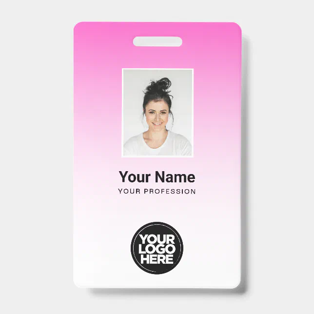 Pink Employee Photo Bar Code Logo Name Gradient Badge | Zazzle