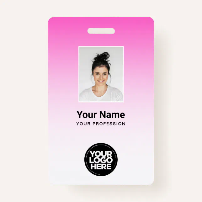 Pink Employee Photo Bar Code Logo Name Gradient Badge | Zazzle