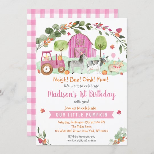 Pink Fall Farm Pumpkin Birthday Invitation | Zazzle.com