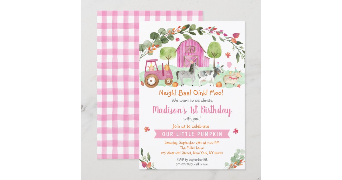 Pink Fall Farm Pumpkin Birthday Invitation | Zazzle