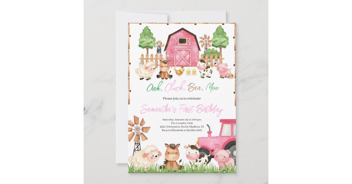 Pink Farm Animals Birthday Party Invitation | Zazzle
