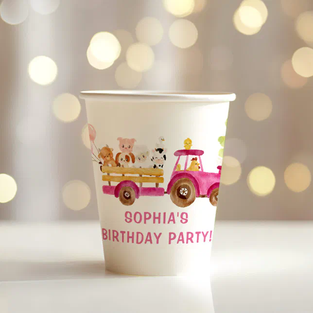 Pink Farm animals birthday party Paper cup | Zazzle