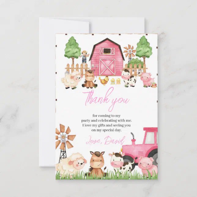 Pink Farm Animals Birthday Party Thank You Card | Zazzle