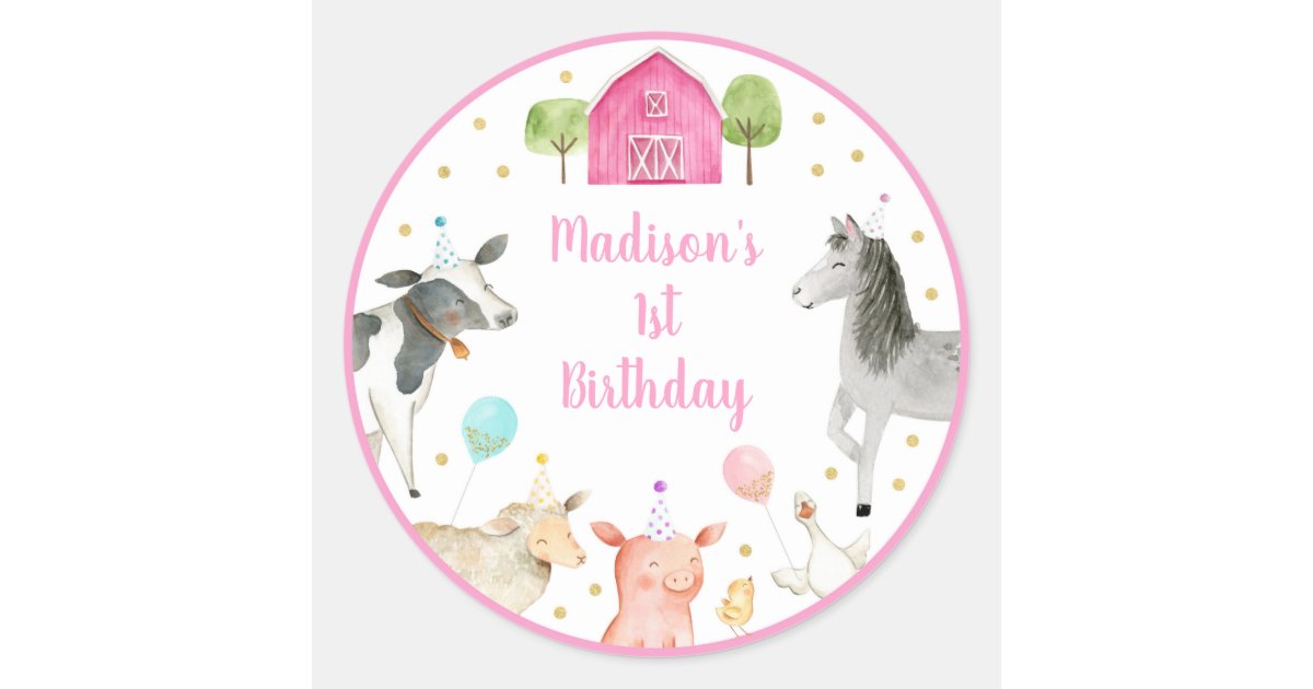 Pink Farm Barnyard Birthday Classic Round Sticker | Zazzle