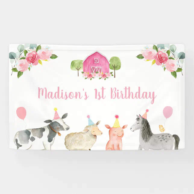 Pink Farm Barnyard Floral Birthday Banner | Zazzle
