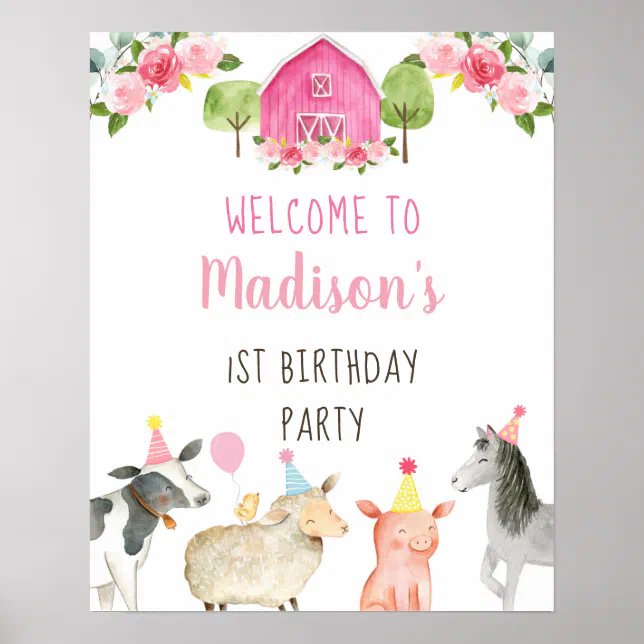 Pink Farm Barnyard Floral Birthday Welcome Poster | Zazzle
