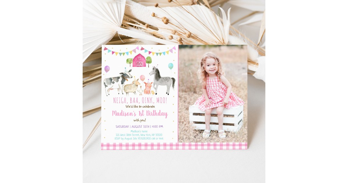 Pink Farm Party Birthday Invitation | Zazzle