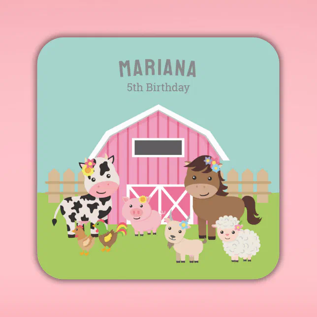 PINK FARM PARTY INVITATION SQUARE STICKER | Zazzle