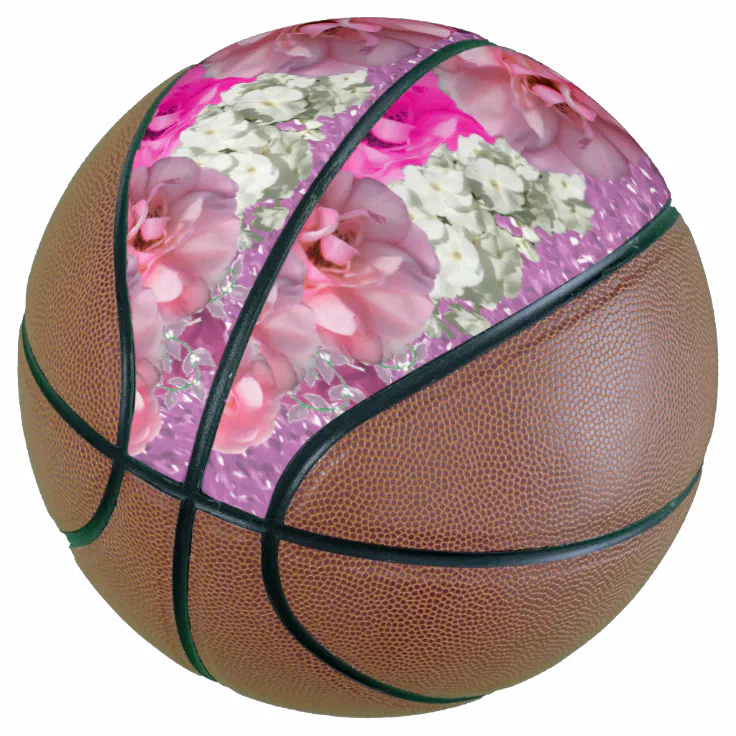 Pink Faux Glitter and Flowers Basketball | Zazzle