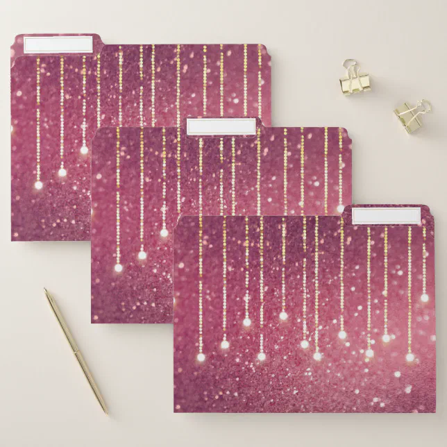 Pink faux glitter chic string lights sparkling file folder | Zazzle