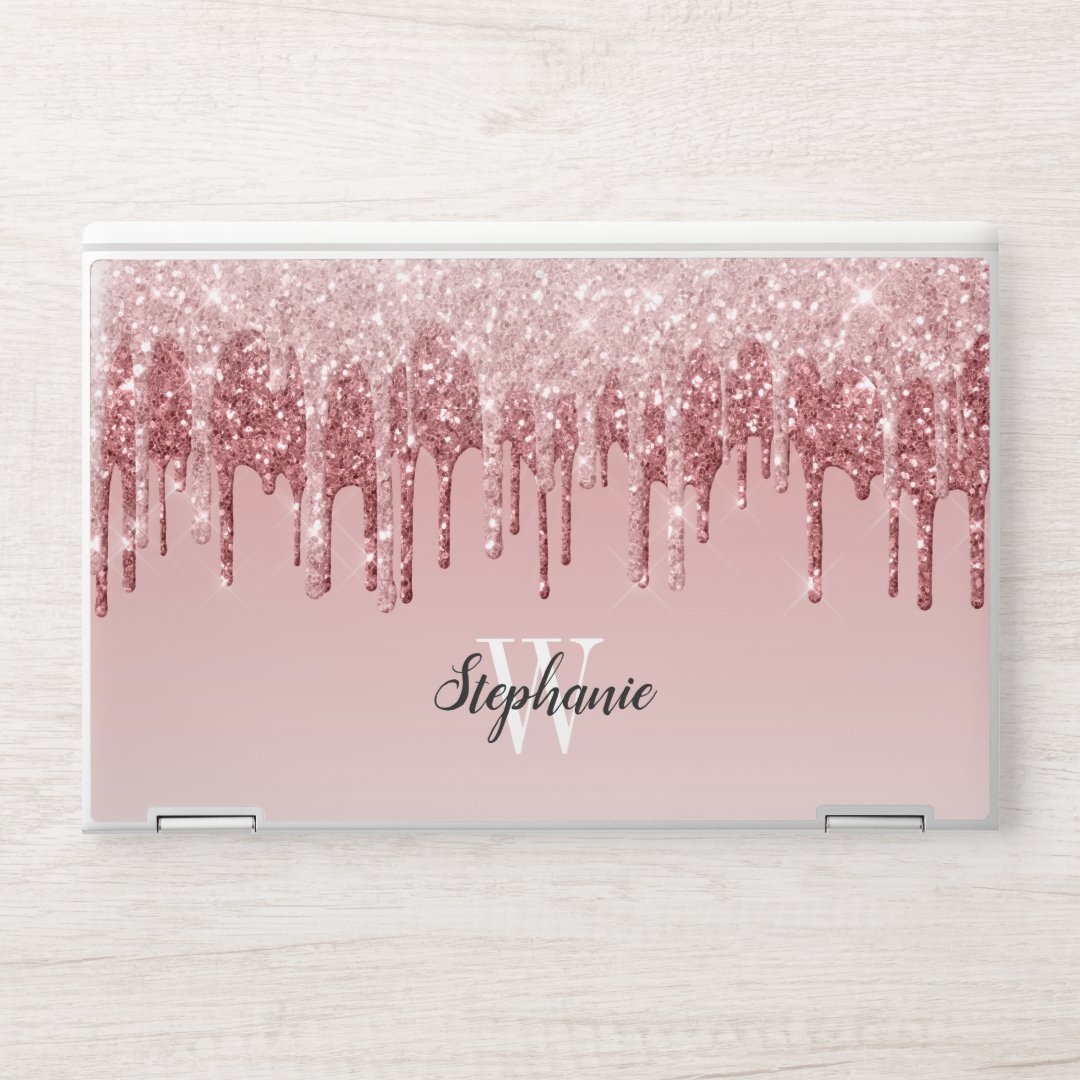 Pink Faux Glitter Drip Sparkle Ombre Monogram HP Laptop Skin | Zazzle